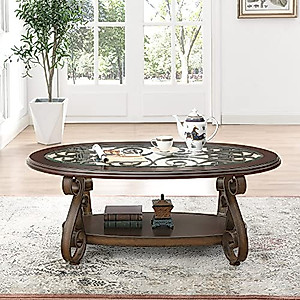 52" Cocktail Table Coffee Table, Rustic Glass Coffee Table Cocktail Tables with MDF W/Marble Paper Middle Shelf, Powder Coat Finish Metal Legs for Living Room, Office