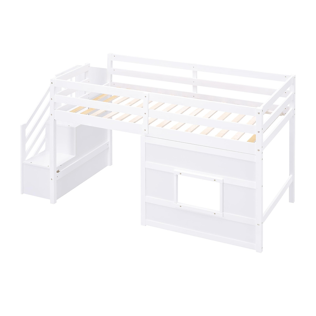 BOVZA Twin Size Low Loft Bed with Storage Staircase and Window, Wooden Low Loft Bed Frame with Stairs Storage for Kids, Teens, Boys, Girls, White