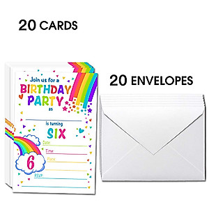 ukebobo Rainbow Happy Birthday Party Invitations for Child’s 6th Birthday Party – Colorful Invitation with Envelopes for Kids 6th Birthday Party – 20 Cards With Envelopes