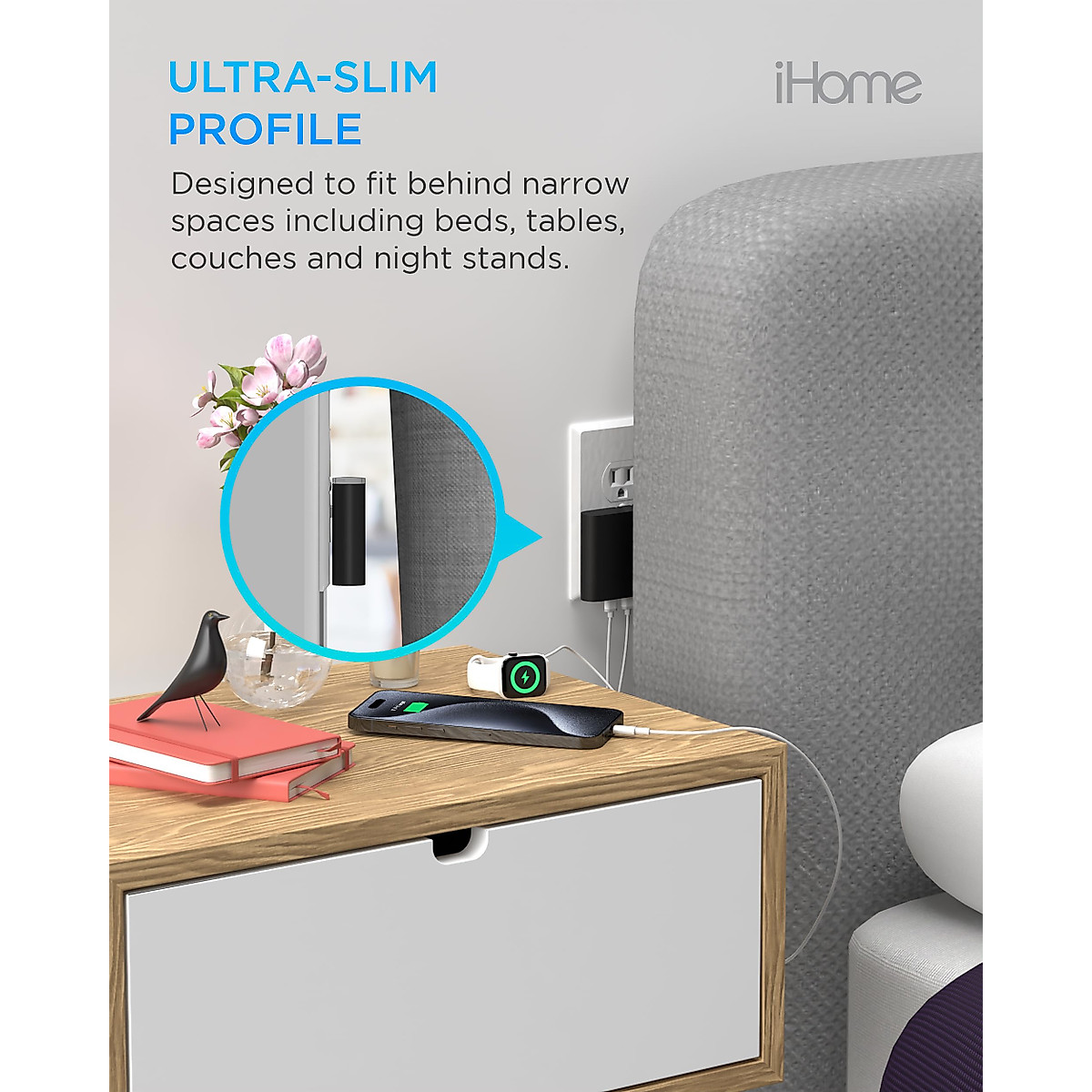 iHome Multiport USB-C Charger : AC Pro 2-Port Flat USB C Charger Block, Double USB C Wall Charger, Fast Charging Compatible USB-C Wall Charger (Black)