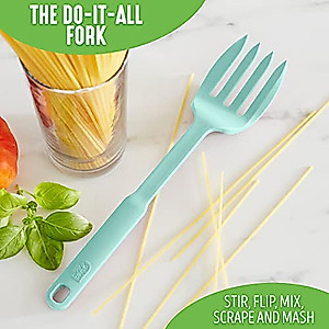 GreenLife Cooking Tools and Utensils, 10-in-1 Silicone Fork to Stir Mix Mash and Scrape, Heat and Stain Resistant, Dishwasher Safe, Turquoise