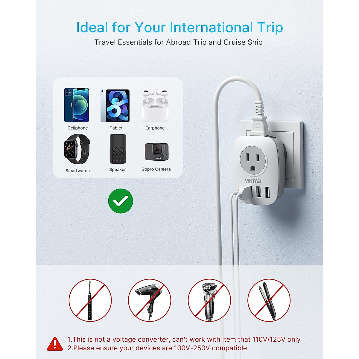 3 Pack European Travel Plug Adapter, VINTAR International Power Plug Adapter with 2 American Outlets, 1 USB C and 3 USB Ports, 6 in 1 Travel Essentials to France, German, Italy, Spain (Type C)