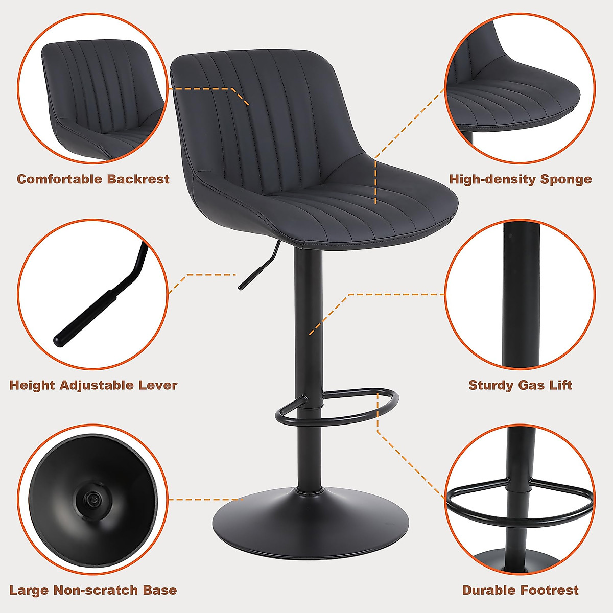 Youhauchair Bar Stools Set of 2, Swivel Counter Height Barstools with Back, Adjustable PU Leather Bar Chairs, Modern Armless Kitchen Island Stool, Black