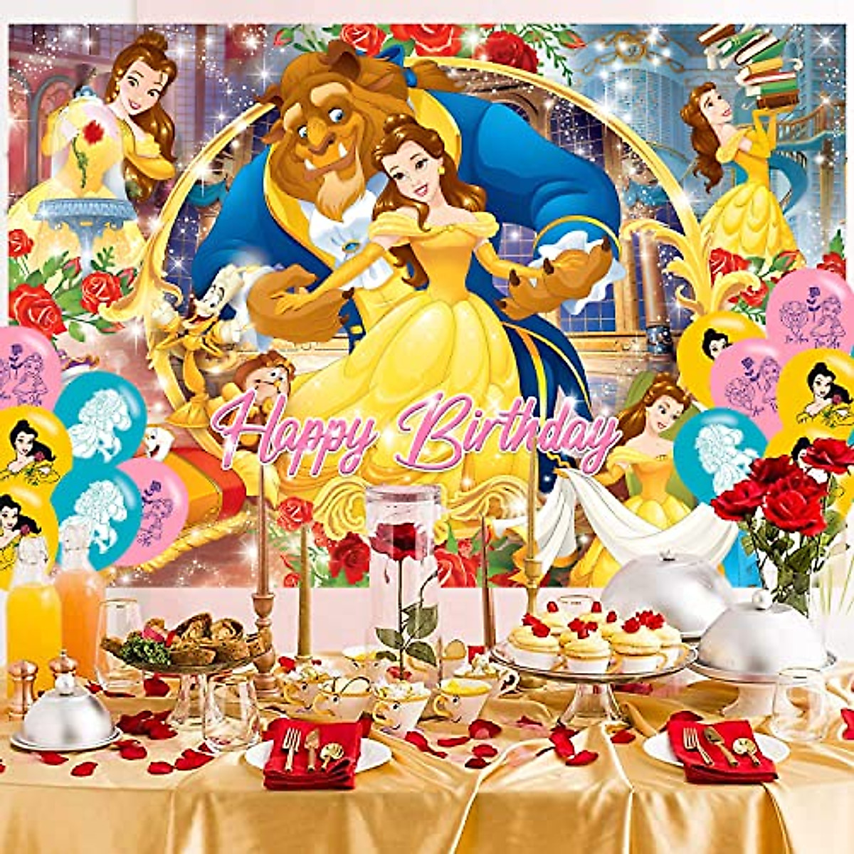 Beauty and The Beast Backdrop Birthday Banner for Princess Belle Birthday Party Supplies Princess Belle Photograph Background Photo Booth 5x3ft