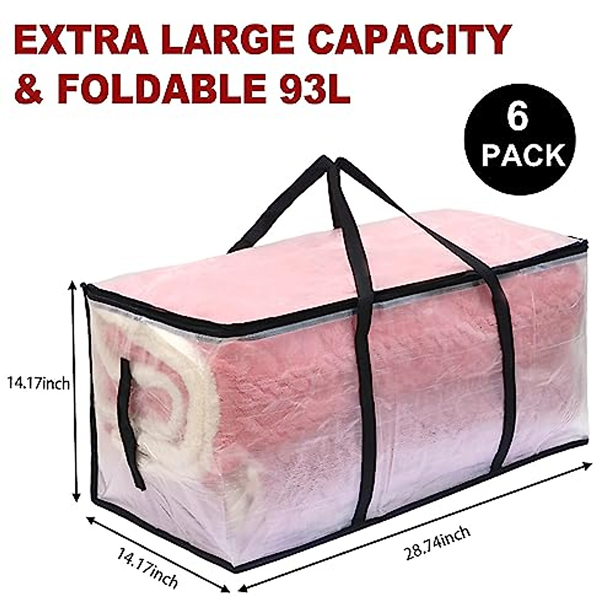 Fixwal Heavy Duty Moving Bags 6 Pack Storage Bags 93L Clear Moving Supplies for Space Saving Moving Storage Backpack Straps Strong Handles & Zippers, Foldable