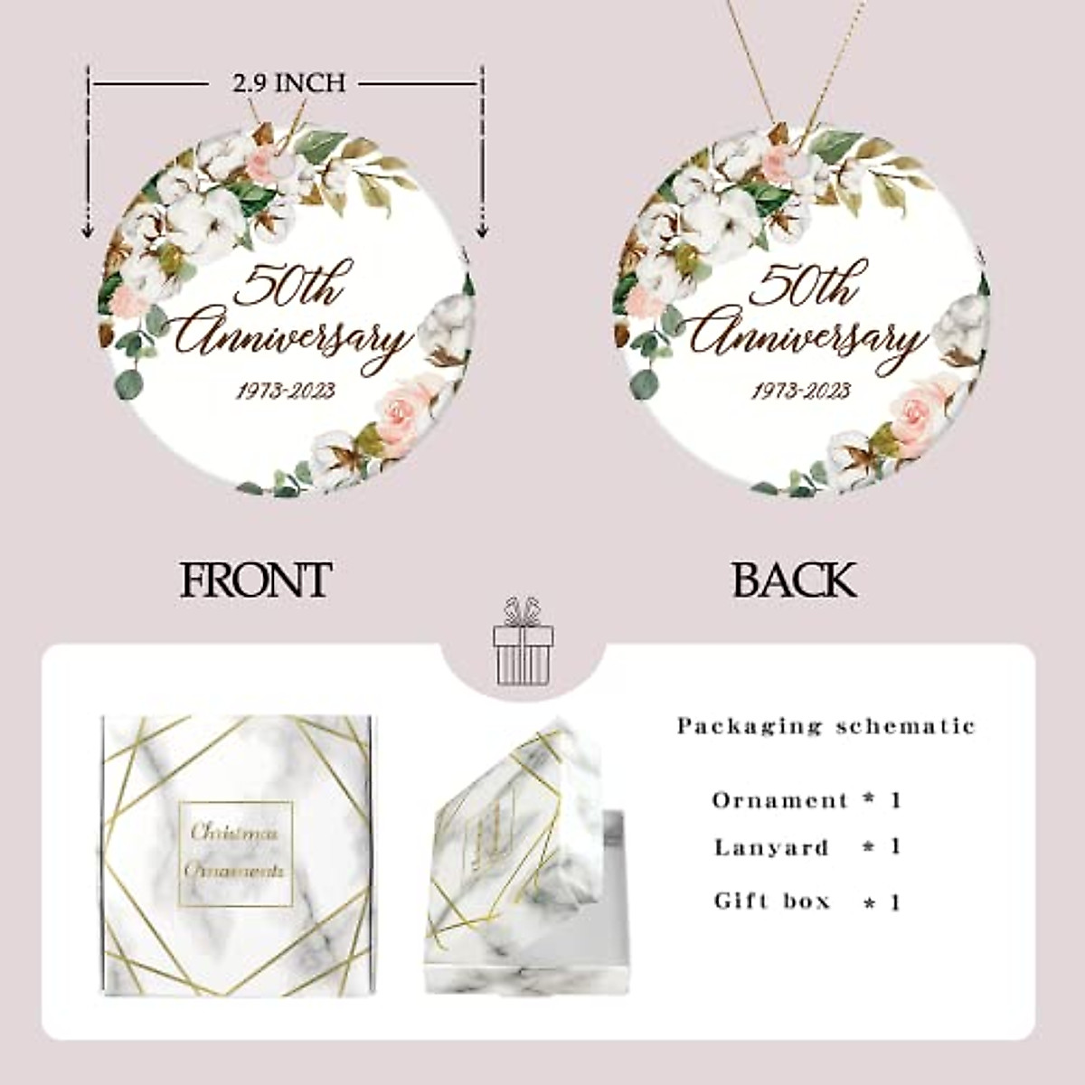 Kokaaee 50th Year Anniversary Ornament Wedding Marriage 50 Years Anniversary Valentines Day Gifts Ideas Hanging Ceramic Decorations for Her Him Parents Couple Husband Wife Present