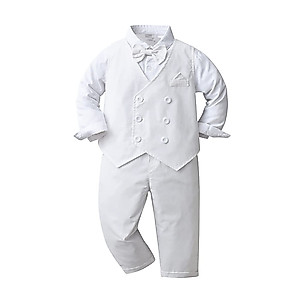 Christening Baptism Outfits for Boys Infant Christmas Outfit Toddler Dress Clothes Wedding Tuxedo Shirts Waistcoat Long Pants Kids Gentlemen Suits Easter Holiday 1st Birthday All White 4-5T