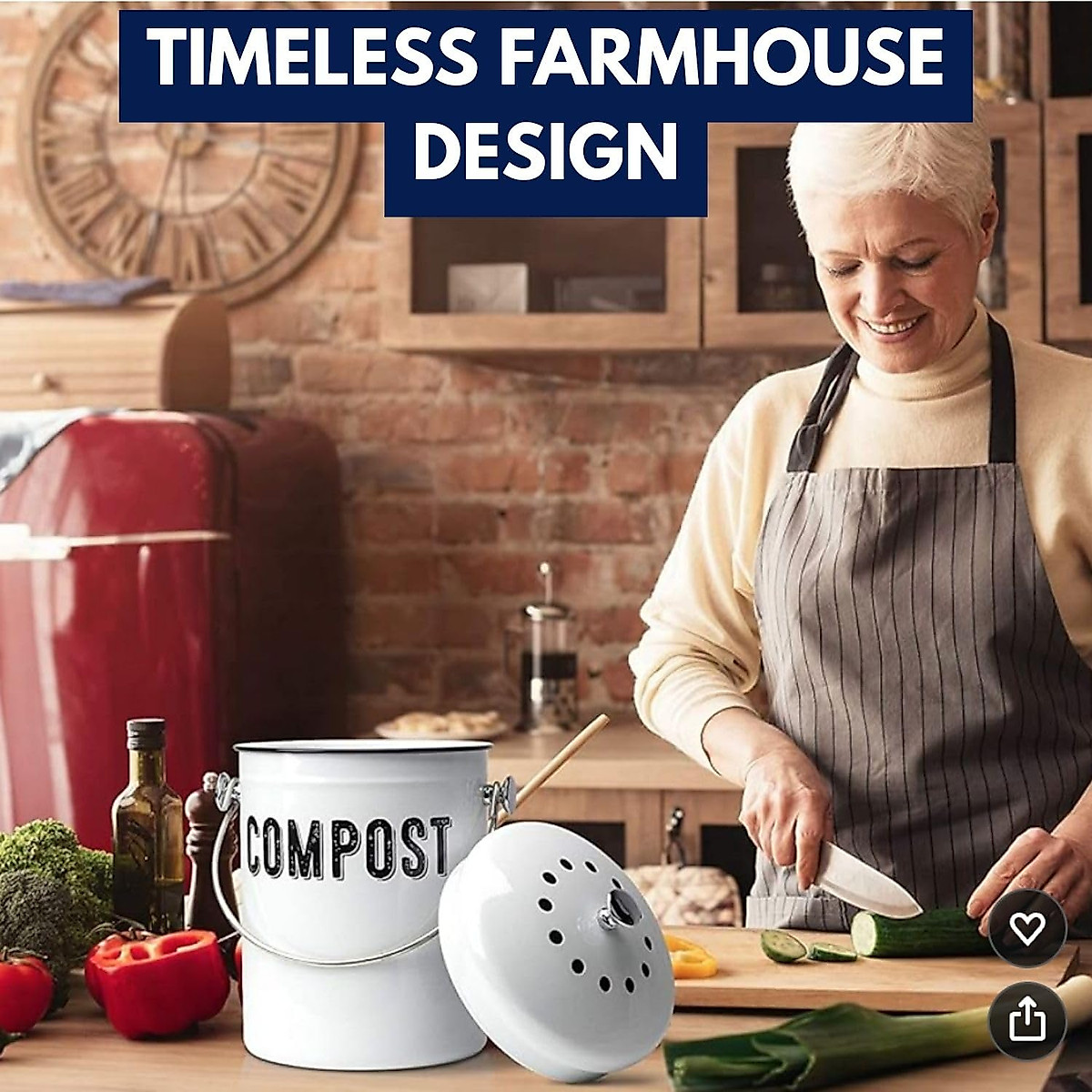 Granrosi Compost Bin Kitchen, Kitchen Compost Bin Countertop, Indoor Compost Bin, Countertop Compost Bin with Lid, 100% Rust Proof Compost Bucket w/ Non-Smell Charcoal Filters, 1.3 Gallon - White