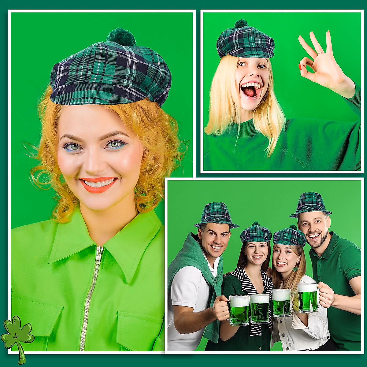 St. Patrick's Day Plaid Fabric Fedora St. Patrick's Day Accessories Green Fedora Women's Berets Hats for Adult (Cute Style)