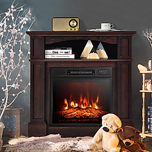 LDAILY 32" Electric Fireplace with Mantel, Freestanding Wooden Surround with 1400 W Fireplace Insert, 3D Realistic Flame, Remote Control, Overheating Safety System, Fireplace for Home RV, Brown