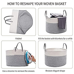 XXL Extra Large Cotton Rope Basket, 20" x 13" Throw Blanket Storage Basket with Handles, Decorative Blanket Basket for Living Room, Pillows, Toys or Laundry