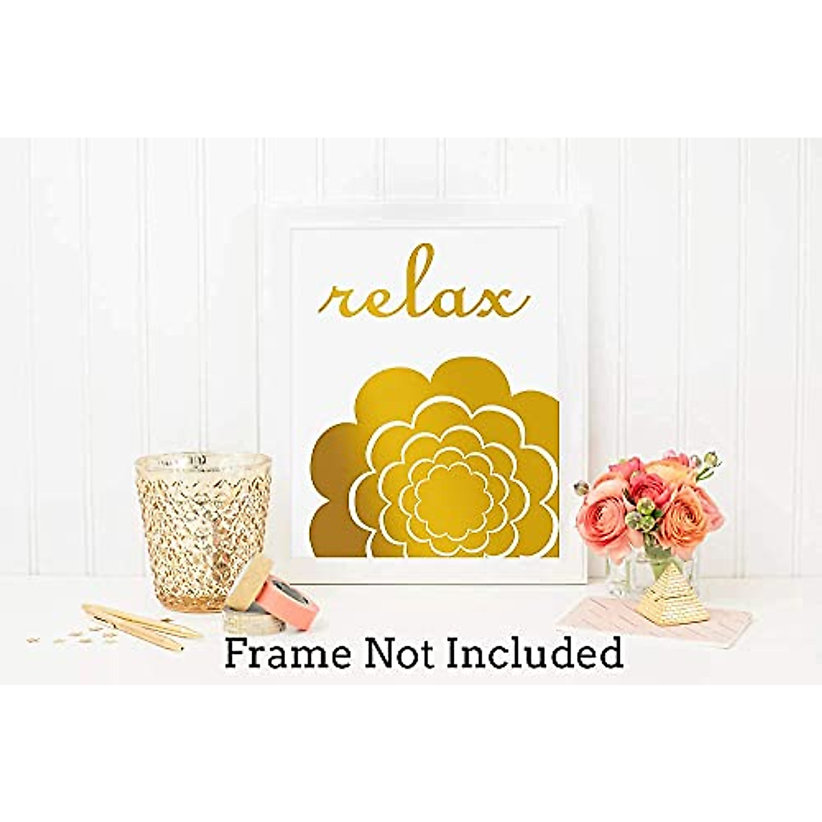 LHIUEM Gold and White Bathroom Pictures Wall Art Decor,Abstract Flowers Gold Foil Print,Set of 4 Soak Relax Unwind Quote and Saying Yellow Art Print for Bathroom Toilet Decor (8 X 10, UNframed)