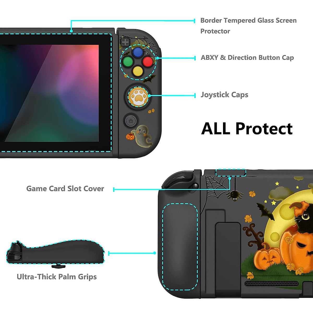 PlayVital ZealProtect Soft Protective Case for Nintendo Switch, Flexible Cover Protector for Switch with Screen Protector & Thumb Grip Caps & ABXY Direction Button Caps - Moon Night Halloween