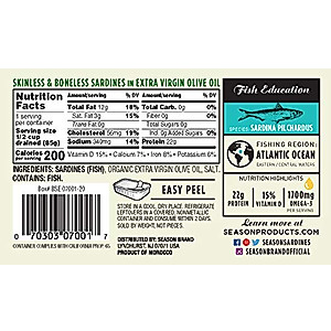 Season Sardines in Extra Virgin Olive Oil – Skinless & Boneless, Wild Caught, 22g of Protein, Keto Snacks, More Omega 3's Than Tuna, Kosher, High in Calcium, Canned Sardines – 4.37 Oz Tins, 12-Pack