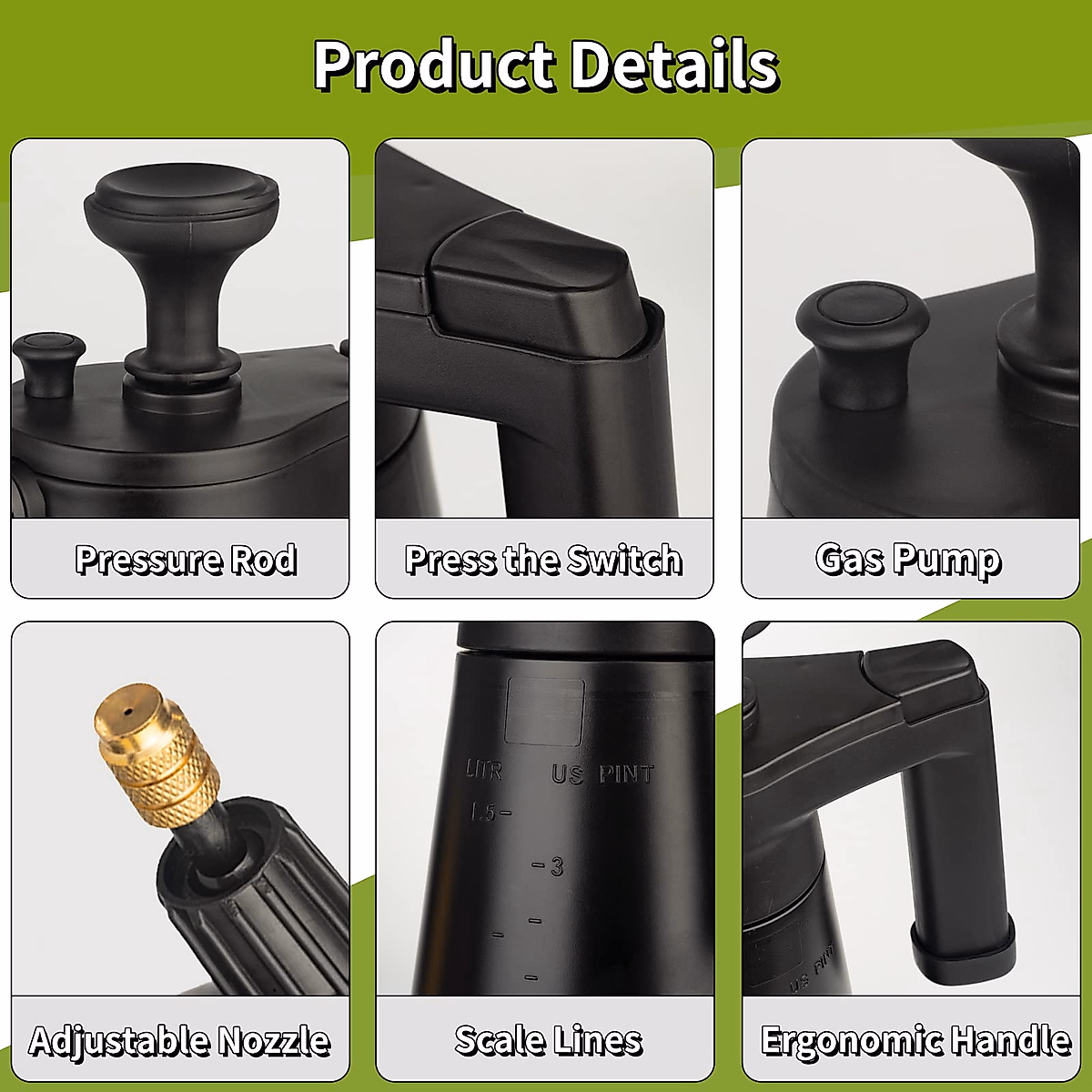 KBCSUN 0.4 Gallon Garden Pump Sprayer with Adjustable Nozzle, Handheld Pressure Sprayer in Lawn and Garden, Car Wash Spray Bottle Plant Water Mister for Indoor Watering Home Cleaning (Black)