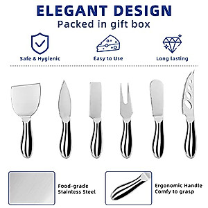 Outamateur 6-Piece Cheese Knives Set,Stainless Steel Cheese Knife Collection of Cheese Slicer/Cutter/Spreader/Fork for Family Parties,Cutlery Gift Set,Charcuterie Boards (6-Piece with SS Handle)