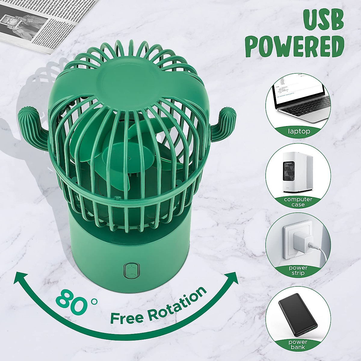 QearFun Cactus Desk Fan,Small Desk Fan Portable with USB Rechargeable Battery,80 Degree Rotation 3 Speeds Strong Wind Personal Fan for Home Bedroom Office Travel,Cactus Decor for Desktop & Car - Green