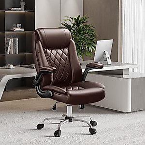 Shahoo Executive Office Chair, Ergonomic High Back with Adjustable Flip-up Armrest, Swivel Leather-Papped Seats with Lumbar Support, Brown