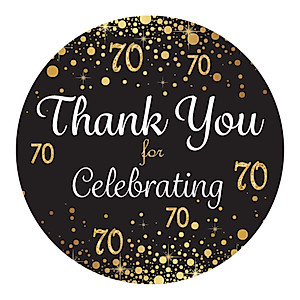 Black and Gold 70th Birthday Thank You Stickers - 1.75 in - 40 Labels
