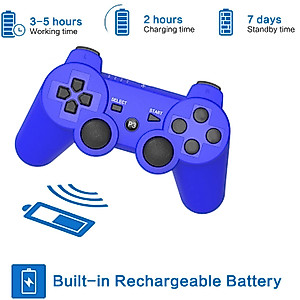 Rzzhgzq 2 Pack PS3 Wireless Controller Playstation 3 Controller Wireless Bluetooth Gamepad with USB Charger Cable for PS3 Console (Black+Blue)