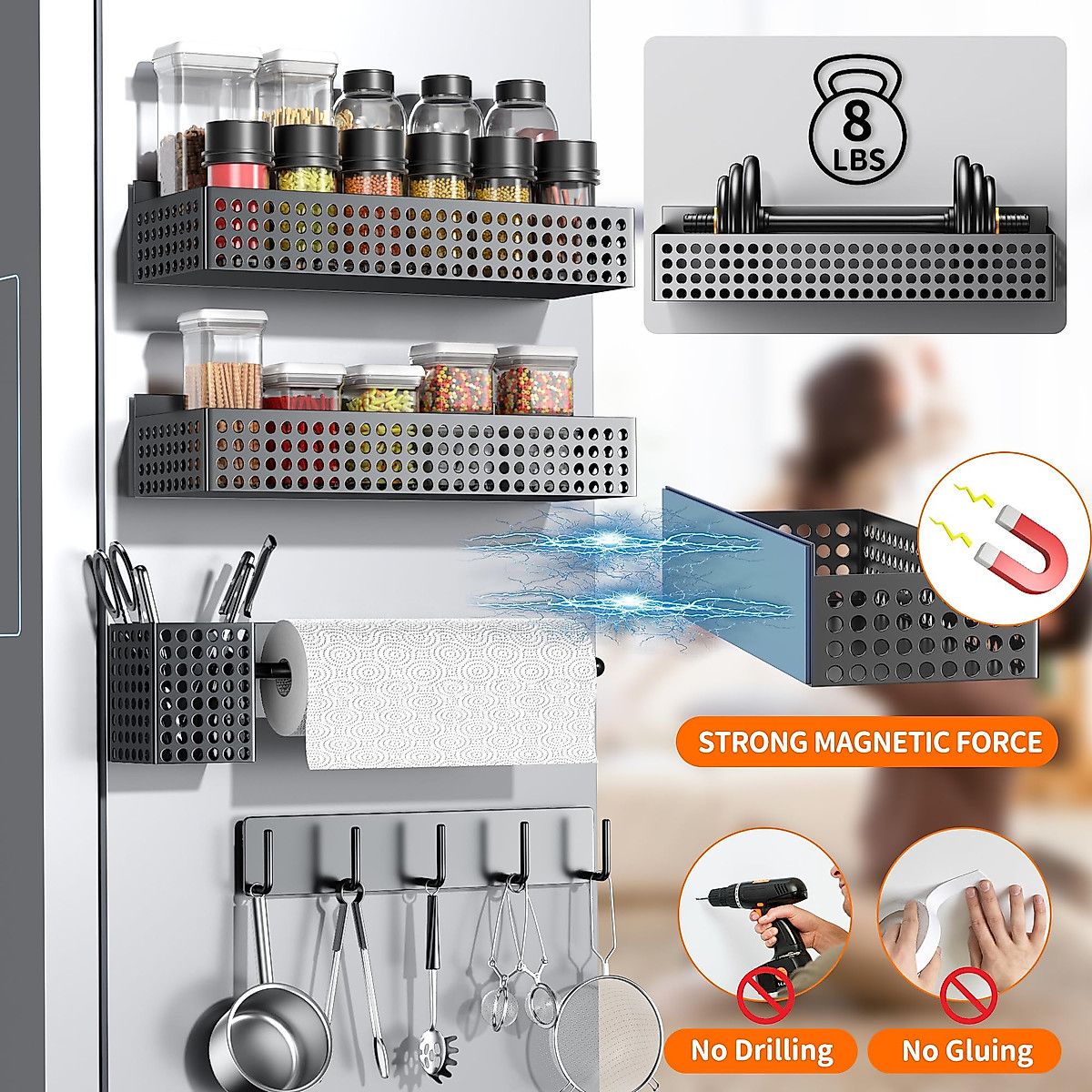 Toosci Magnetic Fridge Organizer Set, 5 Pcs, Customizable, Metal Material, Ideal for Storing Spices, Cans, Drinks, Snacks, Kitchen Utensils, and More
