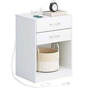 ADORNEVE Nightstand with Charging Station,White Night Stand for Bedroom, End Table Side Table Wooden Sofa Side Storage Stand Cabinet,with Sliding Drawer and Shelf
