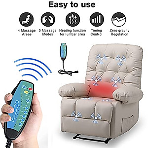 Kasorix Massage Recliner Chairs with Heat Tufted Fabric Manual Reclining Chairs Overstuffed Recliners Massaging Single Sofa for Living Room (Beige), Medium(300lbs)