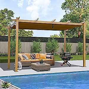 Domi 10' x 13' Outdoor Retractable Pergola, Gazebo Modern Grape Trellis Pergola with Sun Shade Canopy, Patio Aluminum Shelter for Garden Porch Beach Yard with Natural Wood Grain Frame