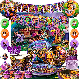 Encanto Birthday Party Supplies,114pcs Magic House Birthday Party Supplies Set-Encanto Birthday Banner Backdrop Tablecloth Plates Cups Napkins Balloons Cake Topper etc Encanto Themed Party Supplies