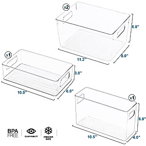 Plastic Refrigerator Organizer Bins - 4 Piece Clear Fridge Organizers with Handles, Fridge Organization Bin Set, Clear Plastic Freezer Storage Bins, Plastic Storage Bins for Cabinets, Pantry