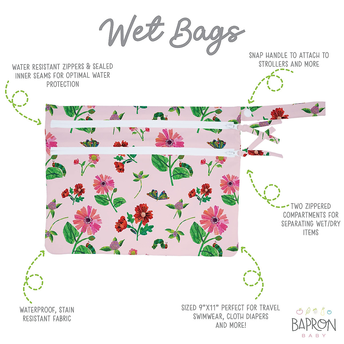 BapronBaby Eric Carle Pink Floral Caterpillar Wet Dry Bag - Waterproof Two Zipper Pockets - Reusable for Mealtime, Diapers, Stroller, Snacks, Swimsuits - Machine Washable - 11" x 9"