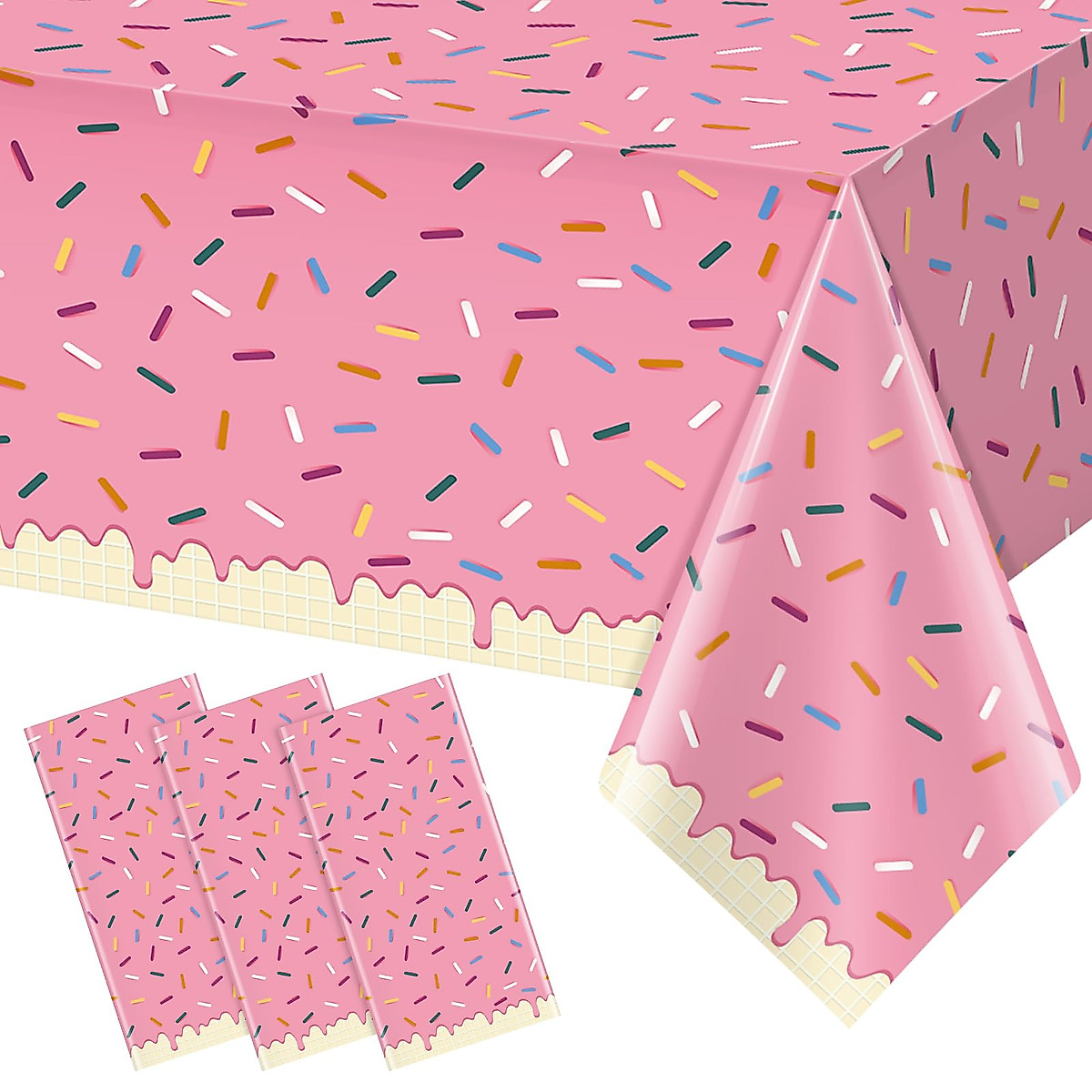 3Pcs Sprinkle Donut Tablecloth, Pink Ice Cream Table Cloth Disposable Plastic Rectangle Table Covers for Baby Girl Sweet One Birthday Donut Grow Up Donut Themed Party Decorations, 54 X 108 Inch