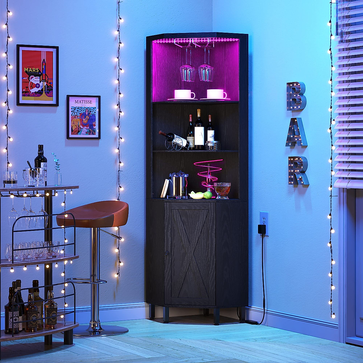 YITAHOME Corner Bar Cabinet with LED Lights & Glass Holder, 5 Tier Corner Shelf with Storage, Wine Rack Cabinet Display Shelves for Living Room, Dining Room, Kitchen, Black