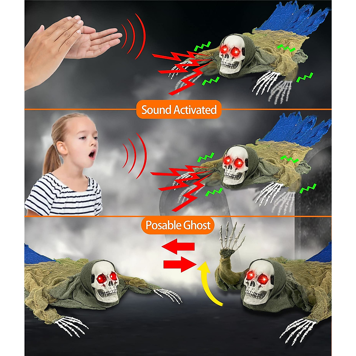 52 Inch Crawling Zombie Halloween Animatronic Prop Decorations Outdoor Creepy Sound Light up Eyes Movable Life Size Skeleton Groundbreaker Sound Activated Haunted House Halloween Decor Graveyard