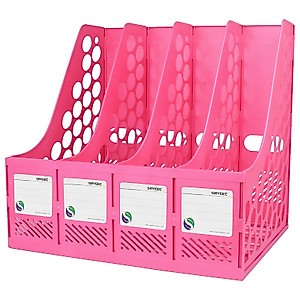 SAYEEC Magazine File Holder, Plastic Desk Organizer File Folder Holder for Desk with 4 Vertical Compartments, Sturdy Desktop Binder Organizer Home Accessories Storage for Office Organization (Pink)