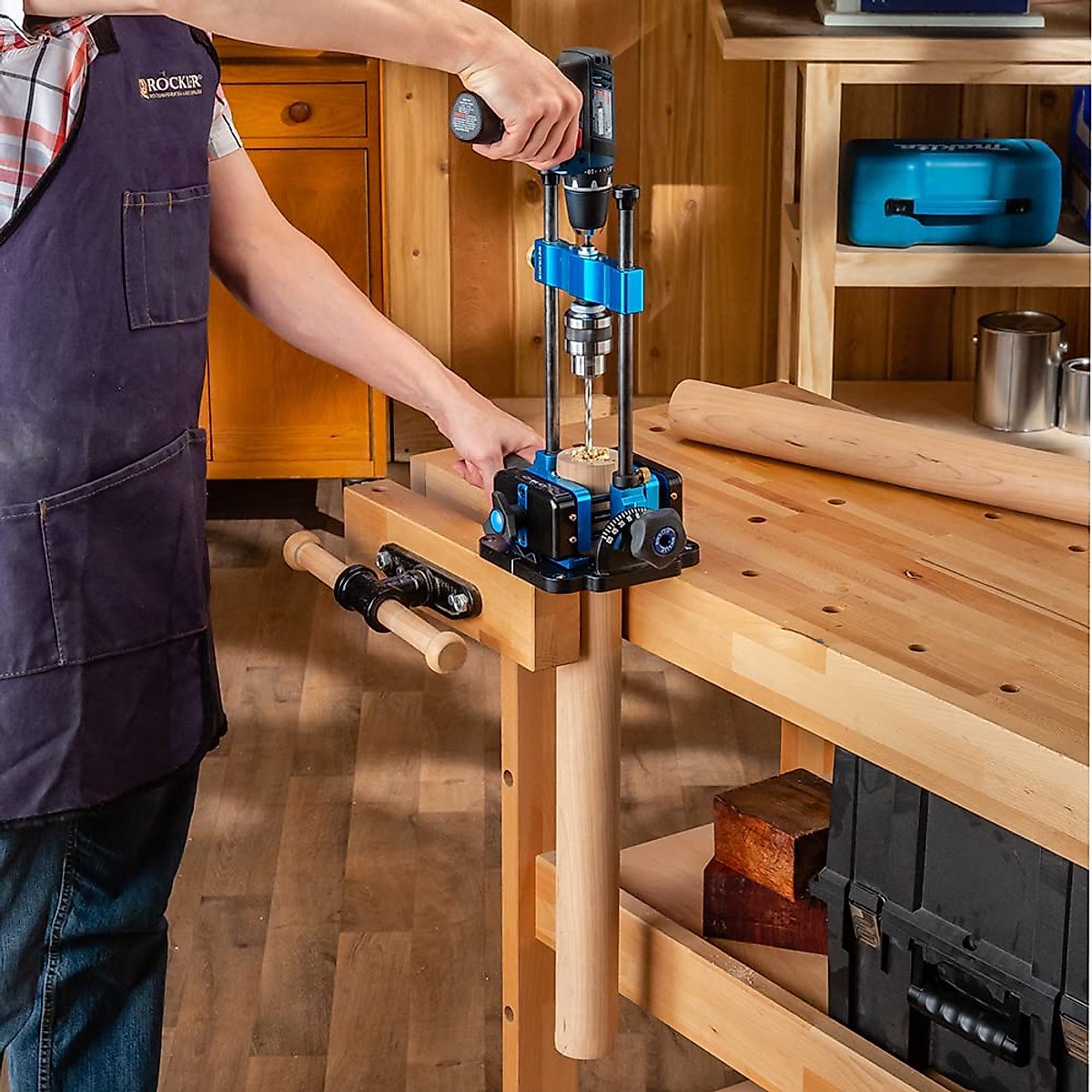 Rockler Drill Guide w/Chuck Key - Full-Size Drill Press Accessories for Small Shops - 0° to 60° Angle Drill Guide w/Easy-to-Read Protractor Scale - Self-Centering Portable Drill Guide