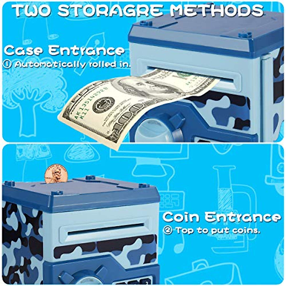 SAOJAY Kids Money Bank, Electronic Password Piggy Bank Mini ATM Cash Coin Money Box for Kids Birthday Toy for Children (Camouflage Blue)