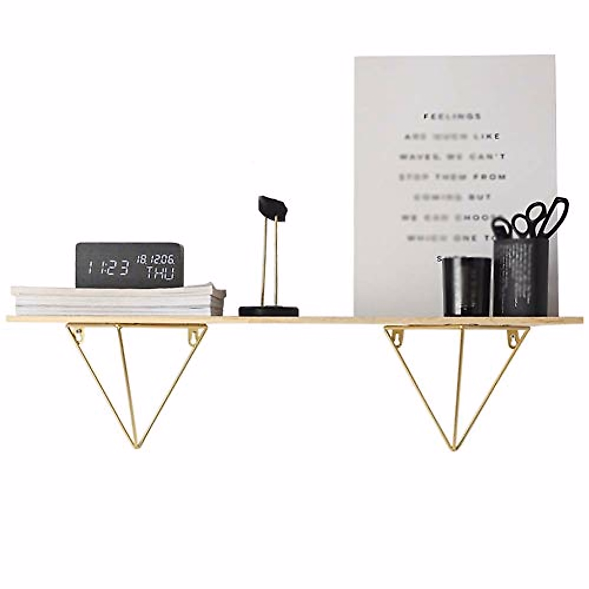 PIBM Stylish Simplicity Shelf Wall Mounted Floating Rack Shelves Iron Art Metal Solid Wood Storage Display Stand Triangle Bracket Living Room Restaurant,4 Sizes, Gold , C119x20.5x20cm