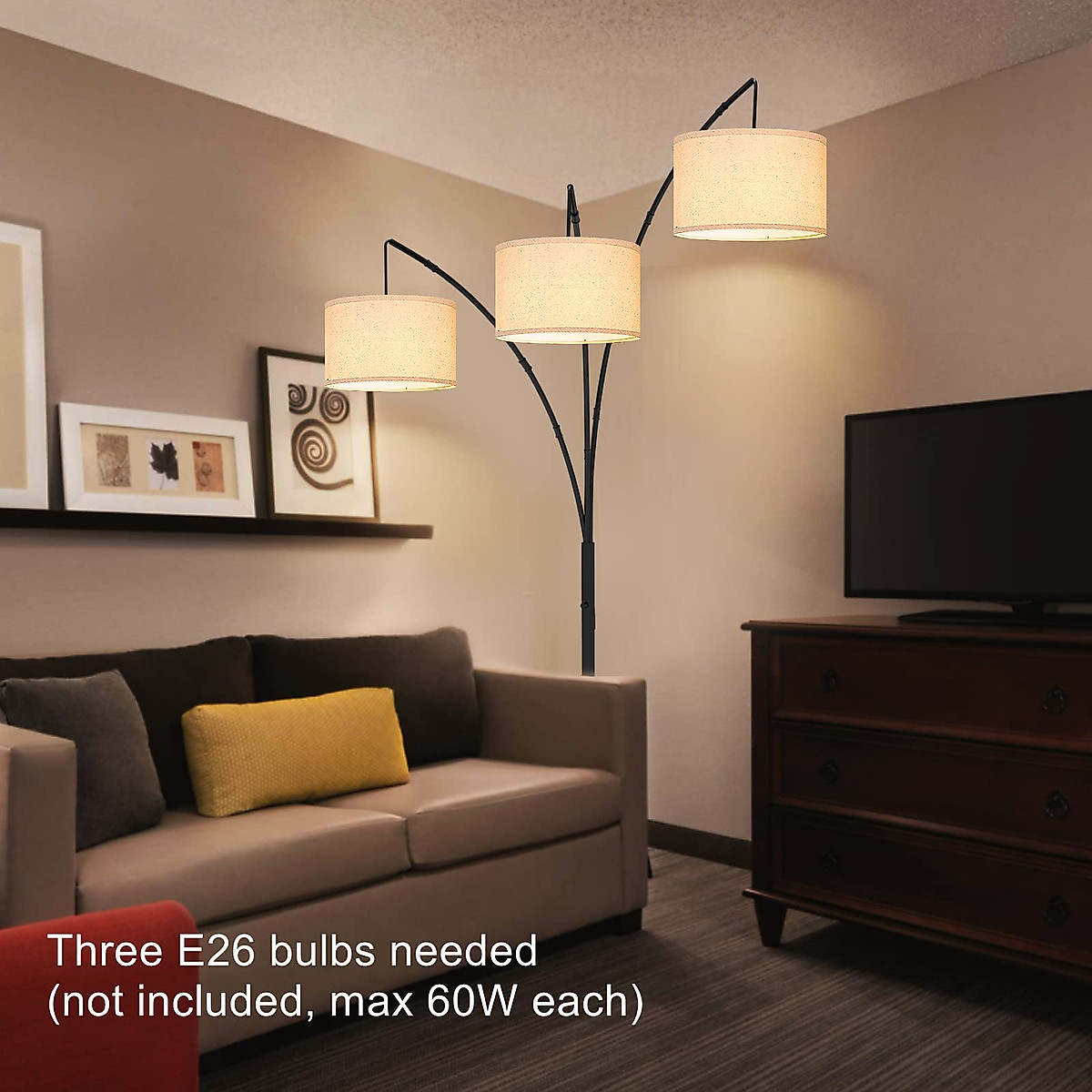 PARTPHONER Arc Floor Lamps for Living Room, Modern Black Floor Lamp Tall Standing Lamps, Multi-Arm Trilage Arched Floor Lamp for Bedroom Lounge Home Office, Light Beige Shades