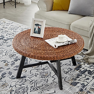 RANDEFURN Round Coffee Table, Seagrass Coffee Solid Pine Wood X Base Frame Cocktail Table, Easy Assembled, Multiple Sizes for Living Room, 32 x 17 Inches,Gold