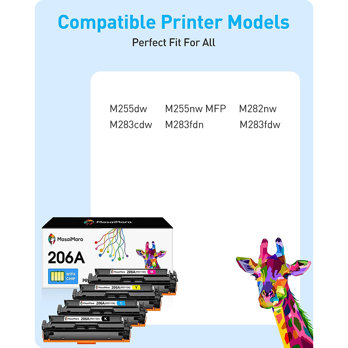 MasaiMara 206A 206X 206 W2110a Toner Cartridges (with Chip) Compatible for HP Color LaserJet Pro MFP M255dw M283fdw M255nw M282nw M283cdw M283fdn M283 Printer Ink (Black Cyan Yellow Magenta, 4 Pack)