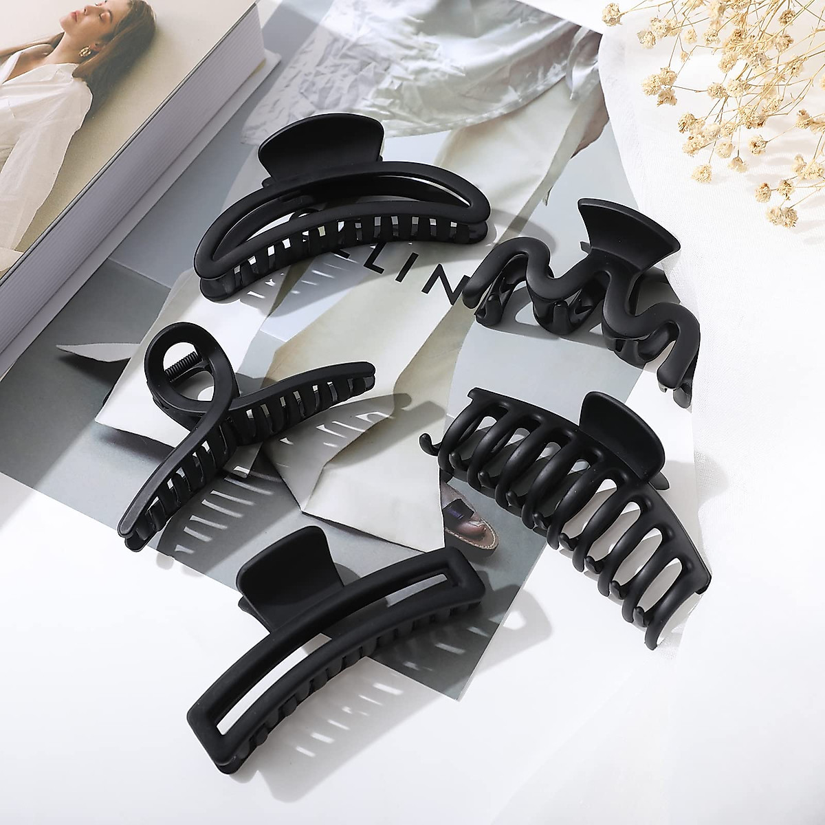 5PCS Large Claw Hair Clips for Thick Hair Big Banana Hair Clips for Women Nonslip Strong Hold Hair Claw Clip (Matte Black)
