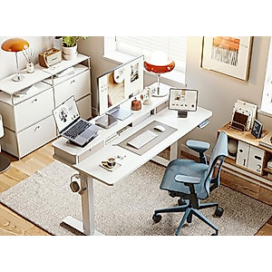 BANTI 40x24 Inch Electric Standing Desk with Double Drawers, Adjustable Height Stand Up Desk, Sit Stand Home Office Desk with Storage Shelf, White Top