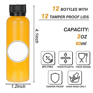 Moretoes 2oz Shot Bottles with Caps, 12pcs Plastic Juice Bottles, Reusable Leak-proof Containers with Cap for Juices, Ginger Shot, Smoothie and Other Liquids