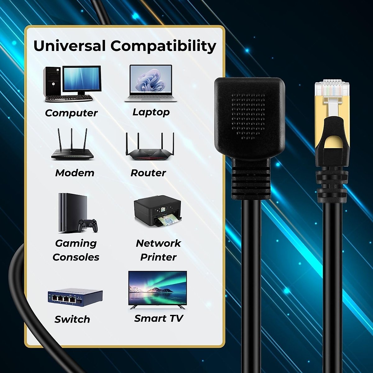 TNP Ethernet Cable Extension Extender (10FT) - Cat7 Cat6 Cat5e Cat5 LAN RJ45 Female to Male Network Wiring Connector Plug Patch Wire - Ethernet Cord Extender for Router Modem Smart TV Computer Laptop