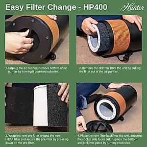 Hunter Fan Company HP400 Round Tower Air Purifier for Small Rooms, Featuring True HEPA Filtration and EcoSilver® Pre-Filter for Allergy and Asthma Relief, White and Silver