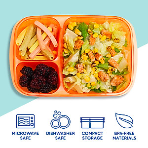 EasyLunchboxes® - Original Stackable Lunch Boxes - Reusable 3-Compartment Food Containers for Kids and Adults - Bento Lunch Box for Meal Prep, School, & Work - BPA Free, Set of 10 (Jewel Brights)