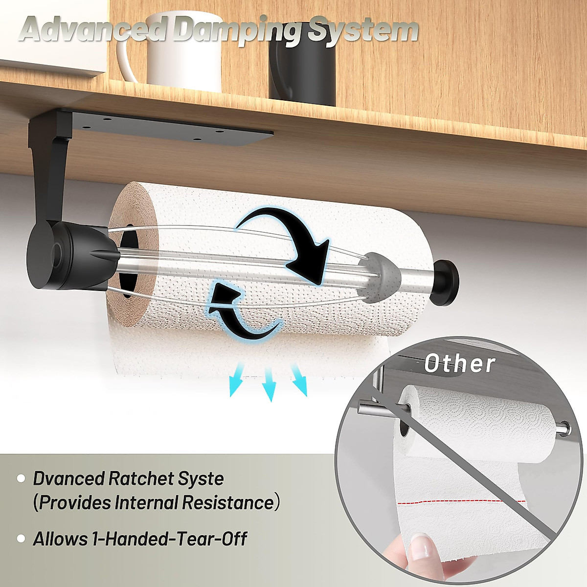 VEHHE Under Cabinet Paper Towel Holder, One Hand Operable Paper Towel Holder Wall Mount with Damping Effect, Self-Adhesive or Drilled for Kitchen, Bathroom. (Silver)