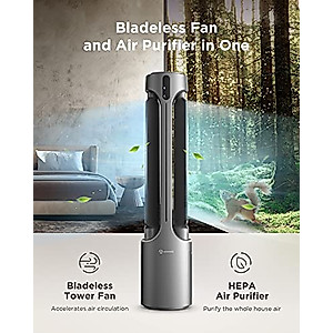 AIRMATE Bladeless Fan & HEPA Filter Air Purifier 2in1 with Remote, Silent 45”Oscillating Pedestal Fan, 5 Modes 24 Speeds, LED Display, 15H Timer, Auto Off, Portable Tower Fan for Bedroom Home Office