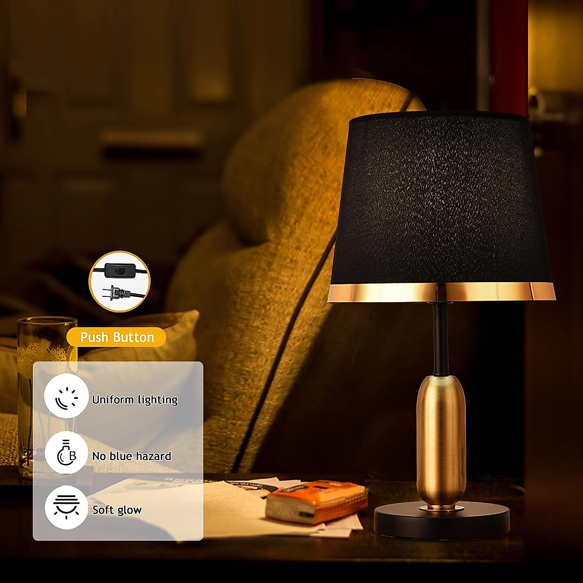 FIXCOR Modern Black Table Lamp Table Lamp for Living Room Black Cloth Lampshade with Metal Base Nightstand Lamp for Living Room, Home, Office Bedroom Reading Room Hotel